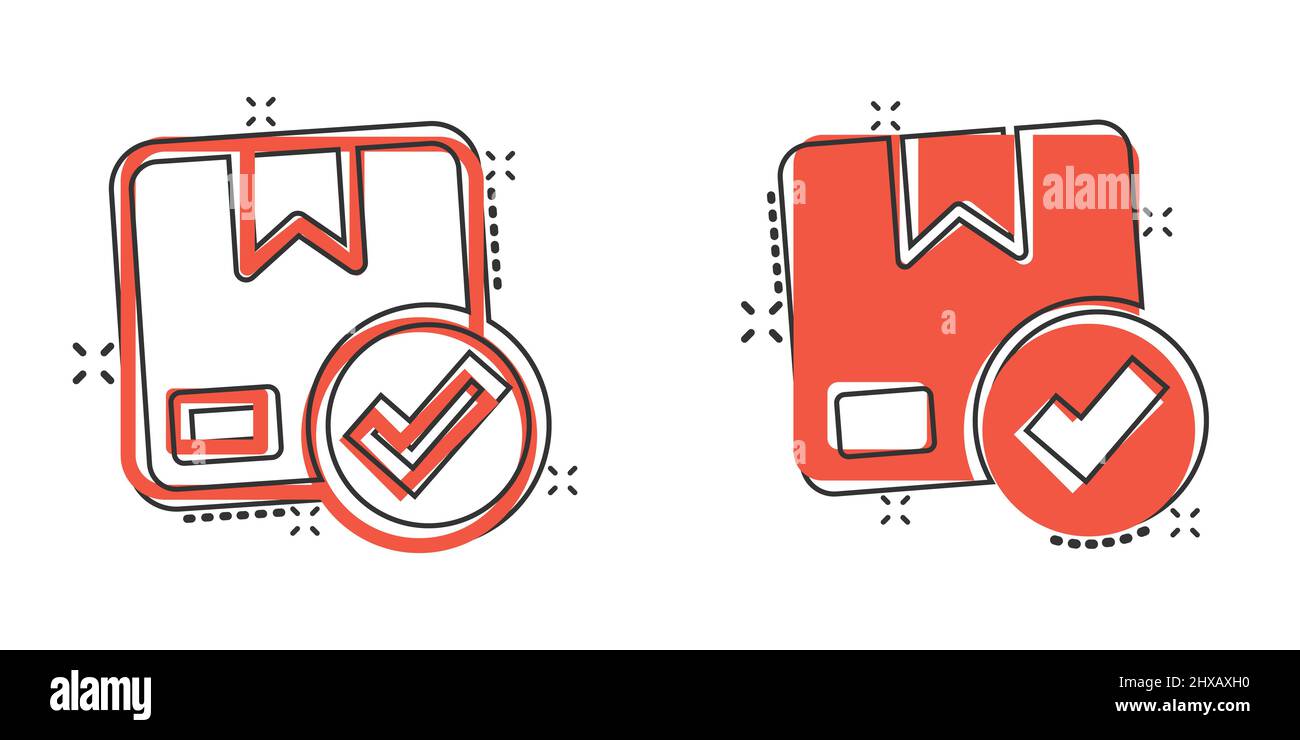 Shipping box check icon in comic style. Container approve cartoon ...