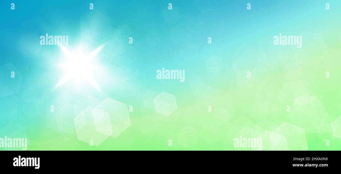 Bright glowing sun and bokeh on fresh spring or summer nature ...