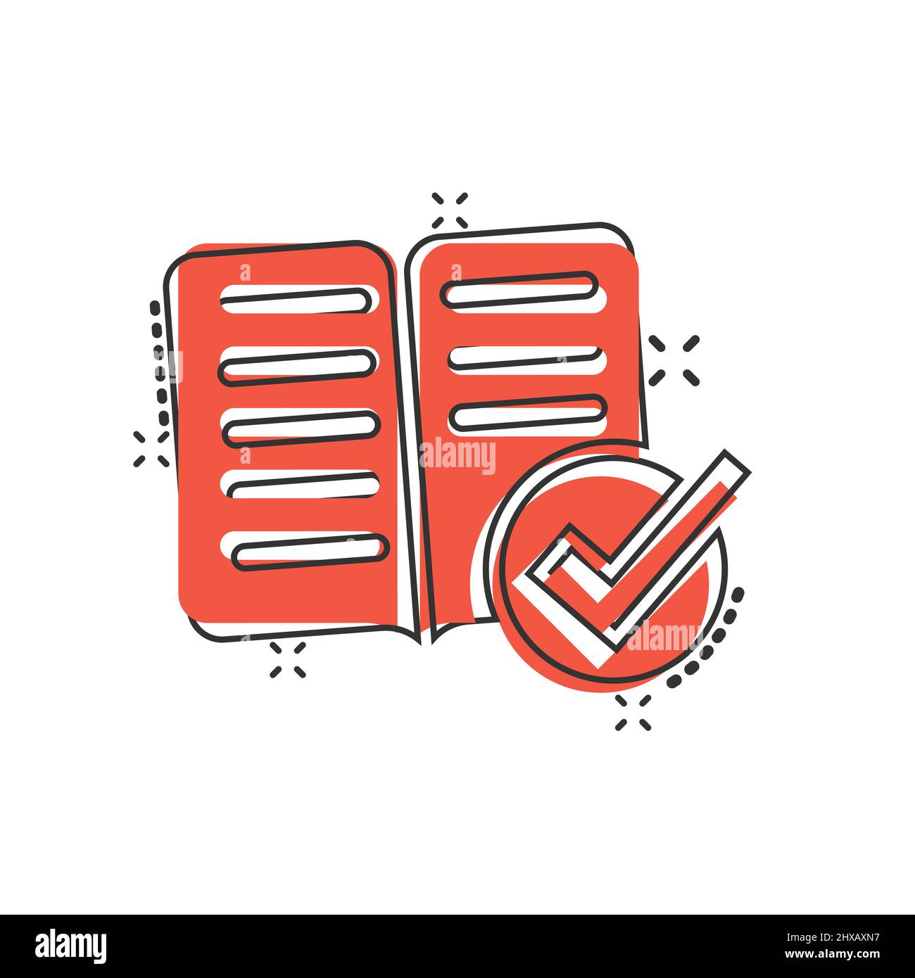 Book check mark icon in comic style. Bookmark approval cartoon vector ...