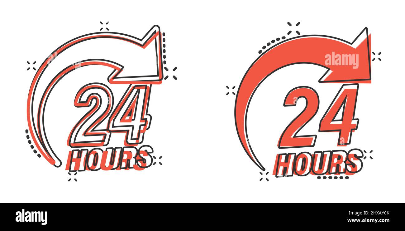 24 hours service icon in comic style. All day business and service ...