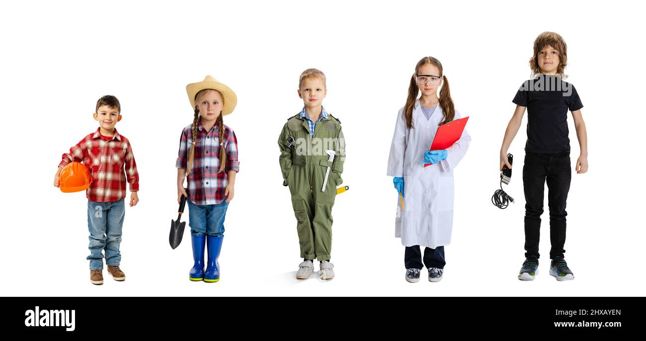 Set of full-length portraits of little boys and girls, children in ...