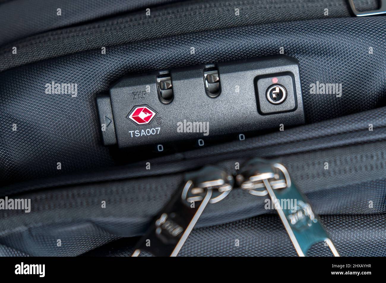 Tyumen, Russia-February 03, 2022: TSA 007 accepted lock on luggage bag ...