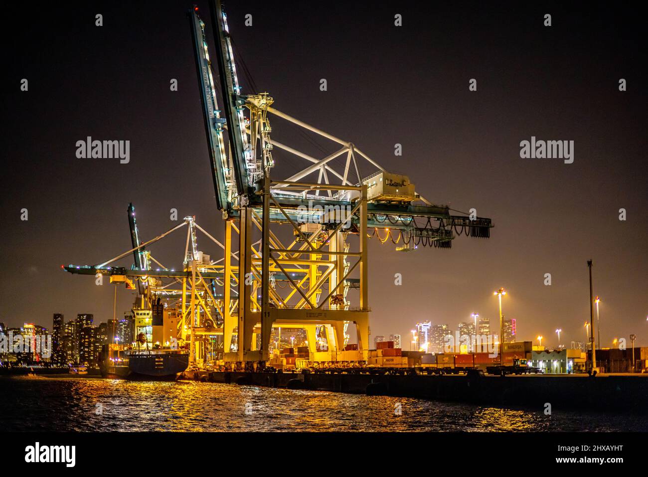 The cranes at Port Miami by night - MIAMI, FLORIDA - FEBRUARY 14, 2022 ...