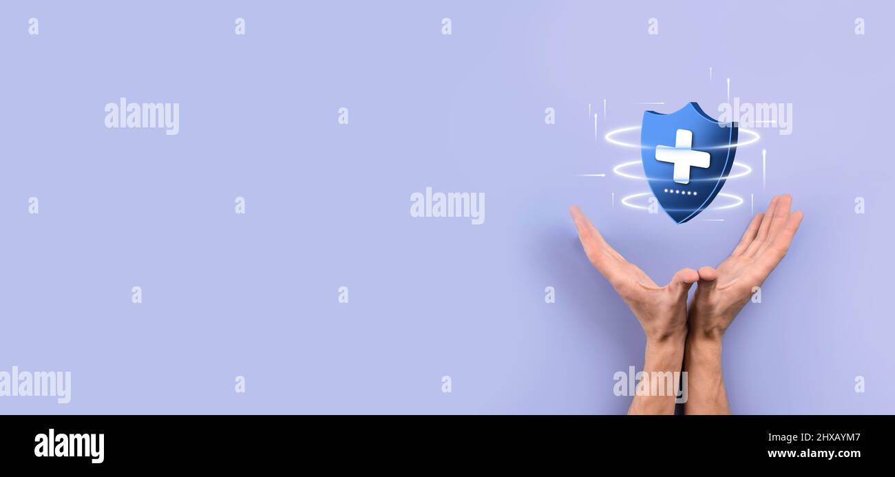 Businessman hold Shield with plus Low polygonal icon, medicine icon ...
