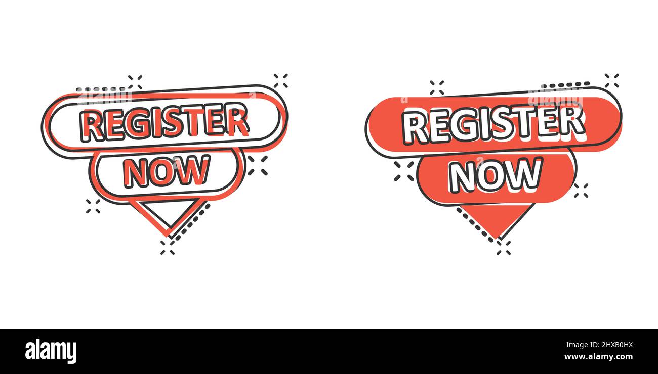 Register now icon in comic style. Registration cartoon vector ...