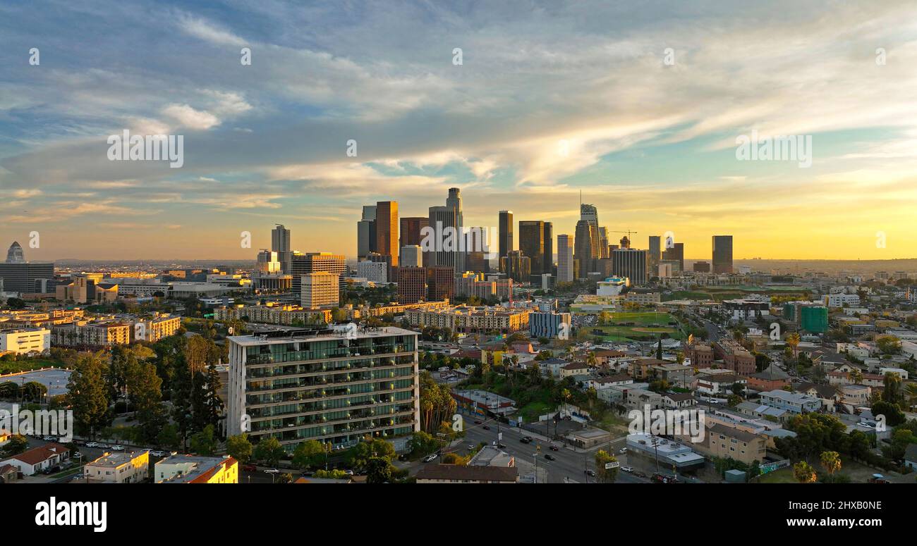 Los angeles aerial view, flying with drone. Los Angeles downtown ...