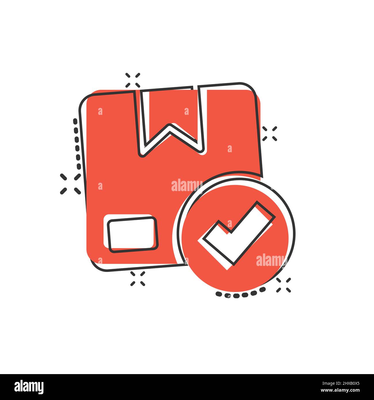 Shipping box check icon in comic style. Container approve cartoon ...