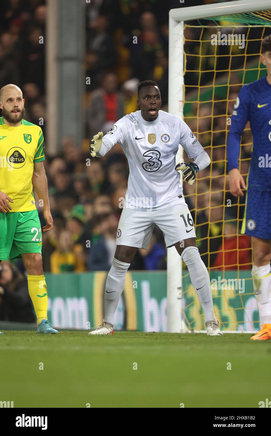 Norwich, UK. 10th Mar, 2022. Edouard Mendy (C) at the Norwich City v ...