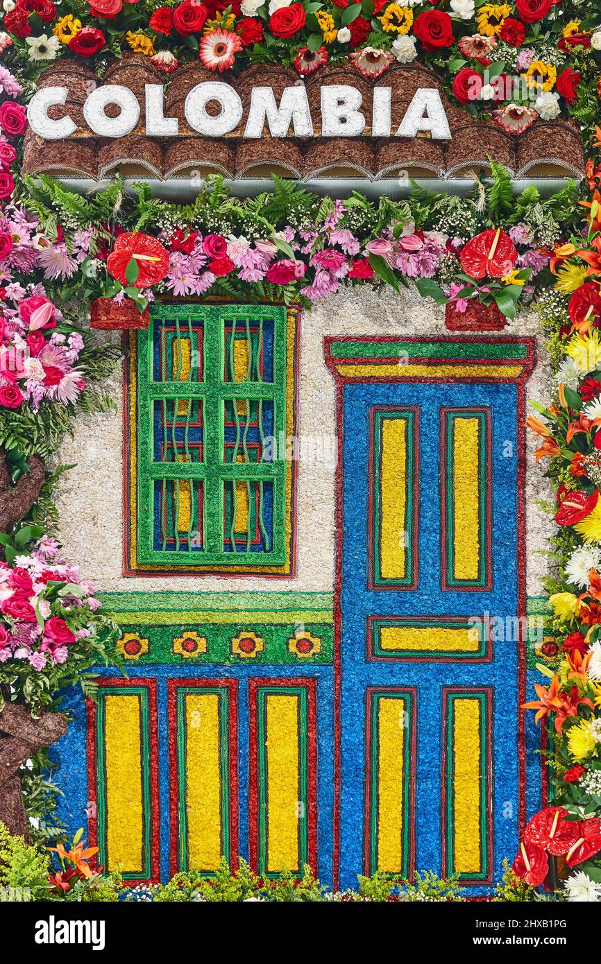 Colombia traditional colorful house facade made with flowers. Travel ...