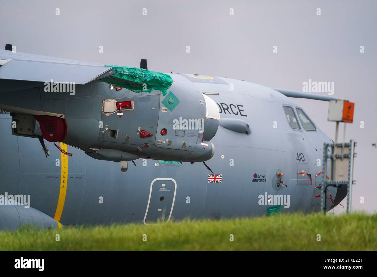An RAF Airbus A400M transporter awaits maintenance at RAF Brize Norton ...