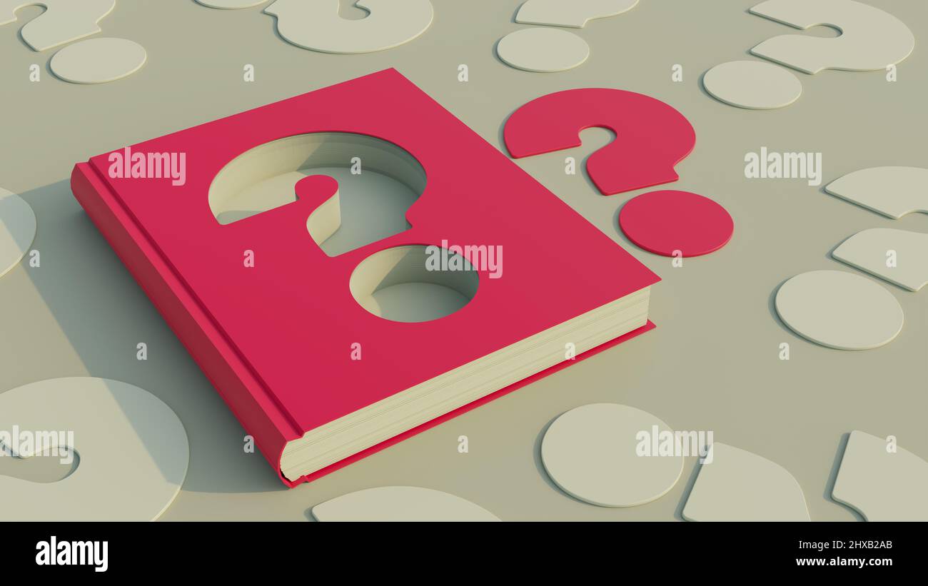 Red hardcover book with question symbol deeply engraved on it. Concept ...