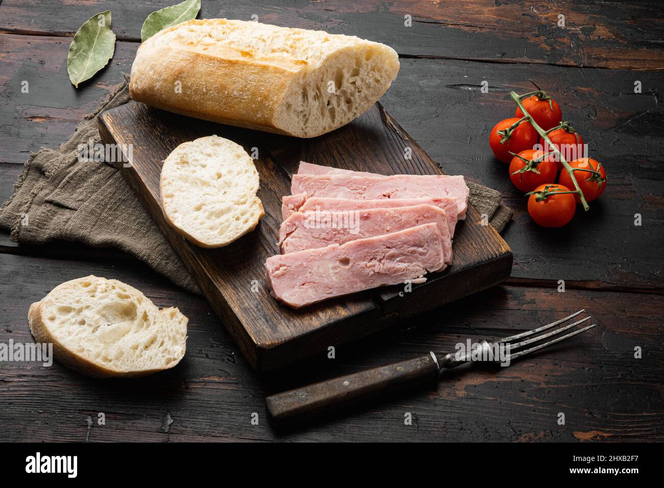 Spam sandwich set, on old dark wooden table background Stock Photo - Alamy