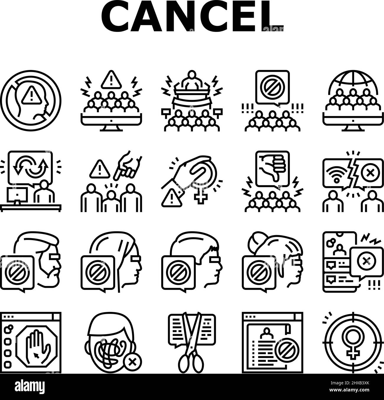 Cancel Culture And Discrimination Icons Set Vector. Cancel Male And ...