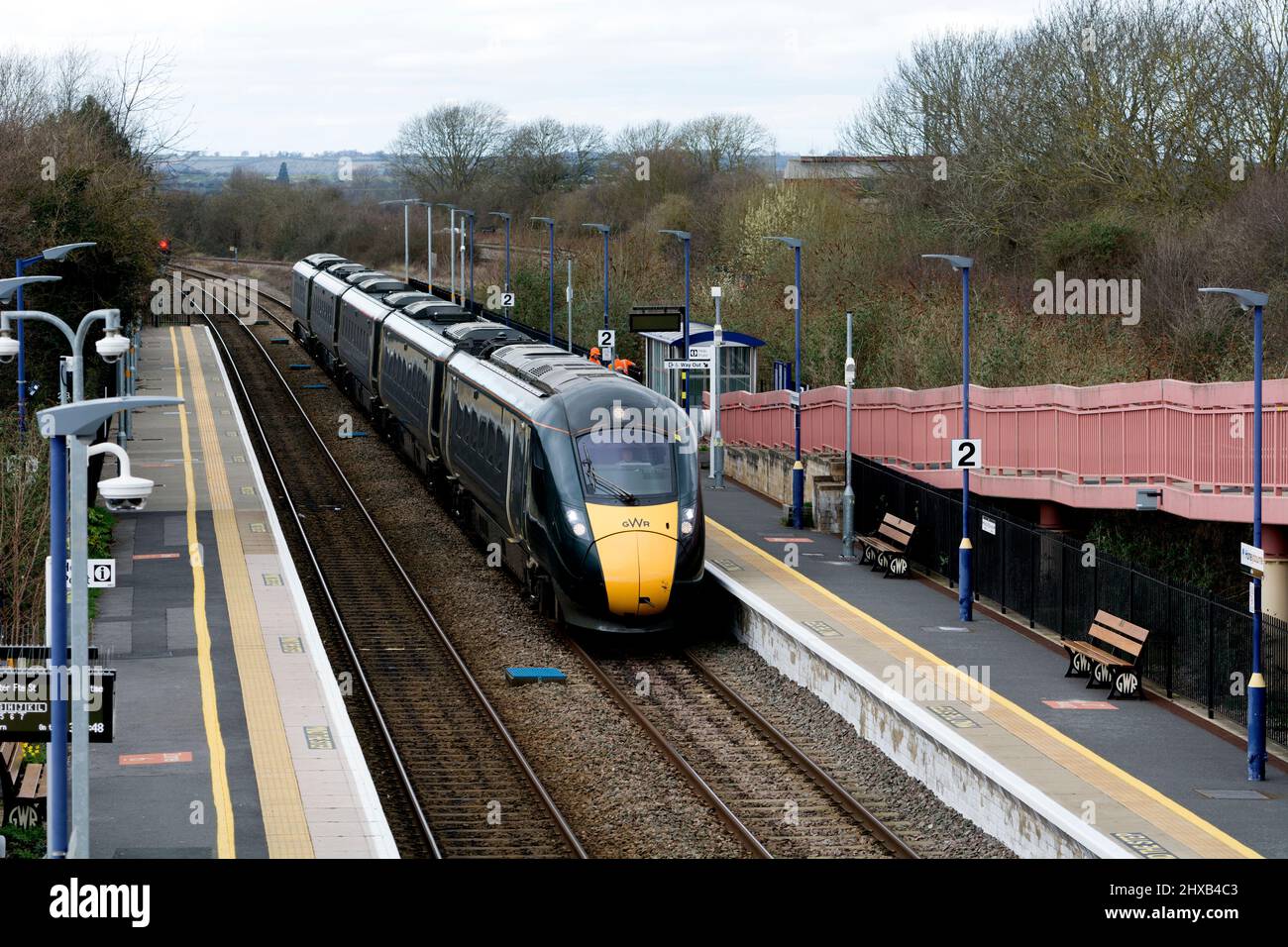 GWR class 800 IET diesel train arriving at Honeybourne station ...