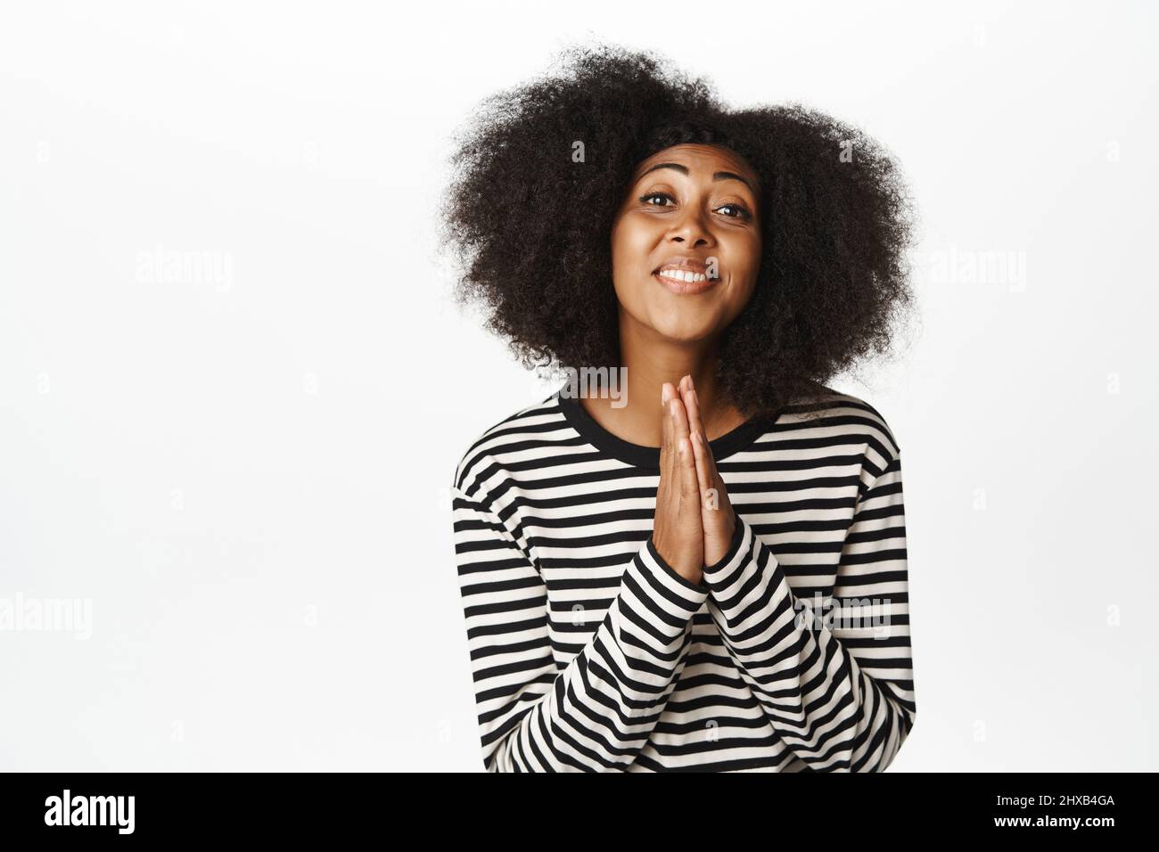Portrait of Black girl asking for help, say please, begging, yearning ...
