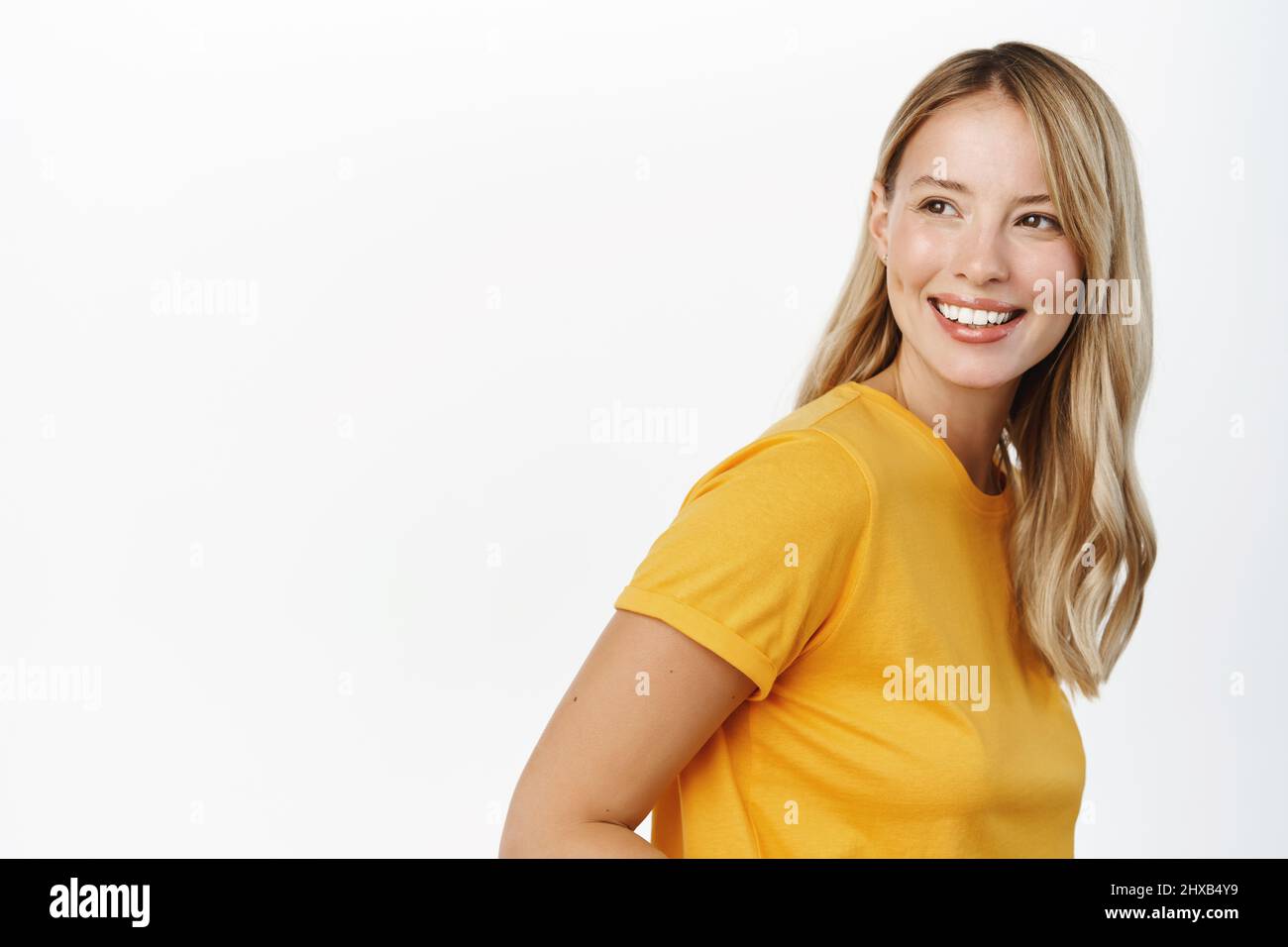 Portrait of happy modern woman, beautiful girl with white smile, bloind ...
