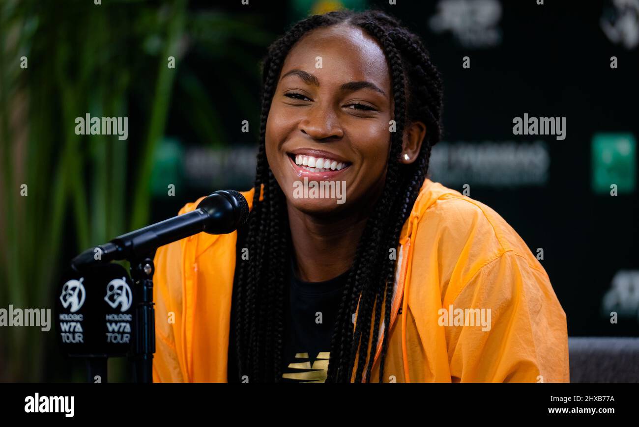 Cori Gauff of the United States talks to the media during Media Day at ...