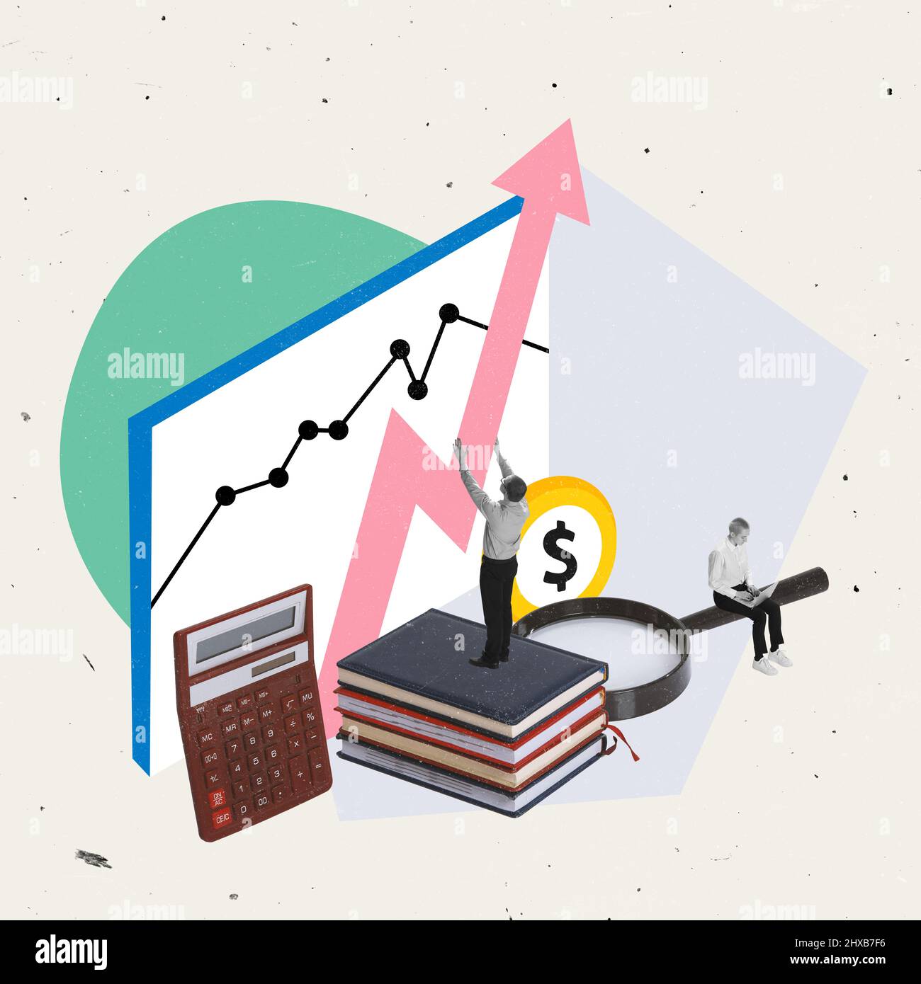 Contemporary art collage. Office accountant, manager looking at graph ...
