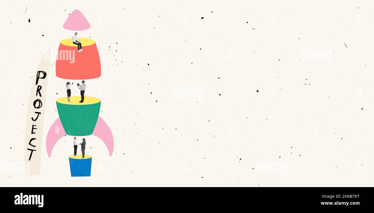 Contemporary art collage. Rocket divided into several parts symbolizing ...