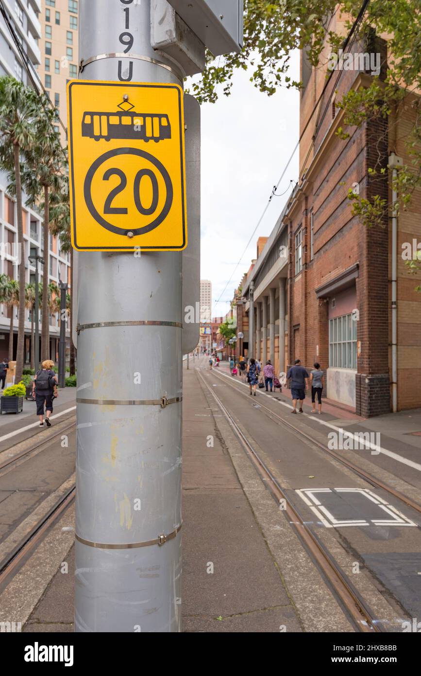 A 20 km speed limit sign for light rail trams on a section of track ...