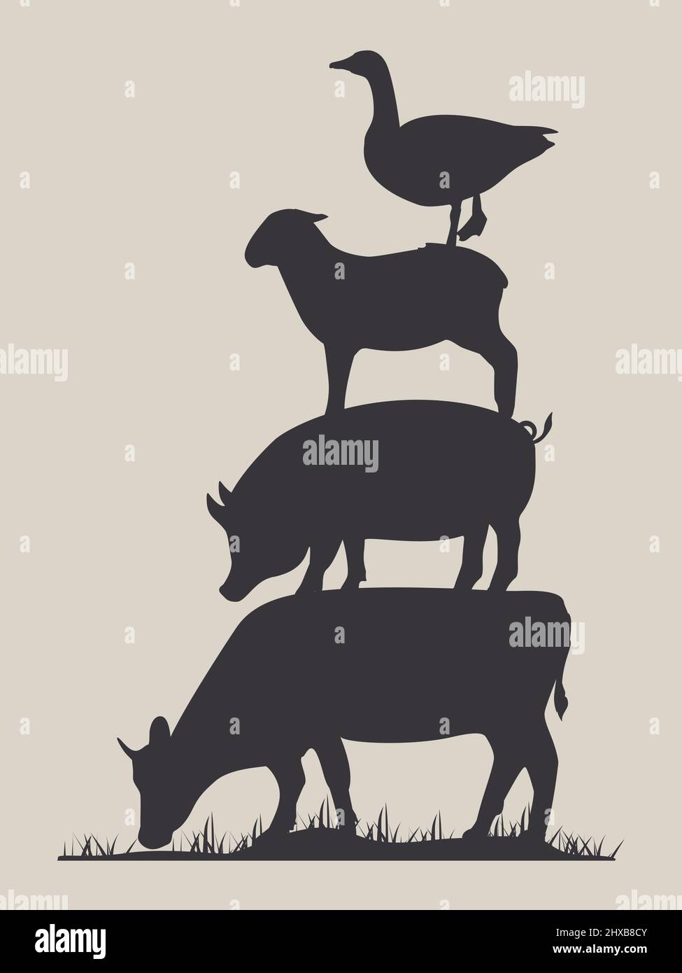 Farm animals cow, pig, sheep and rooster stand on each other. Butcher ...