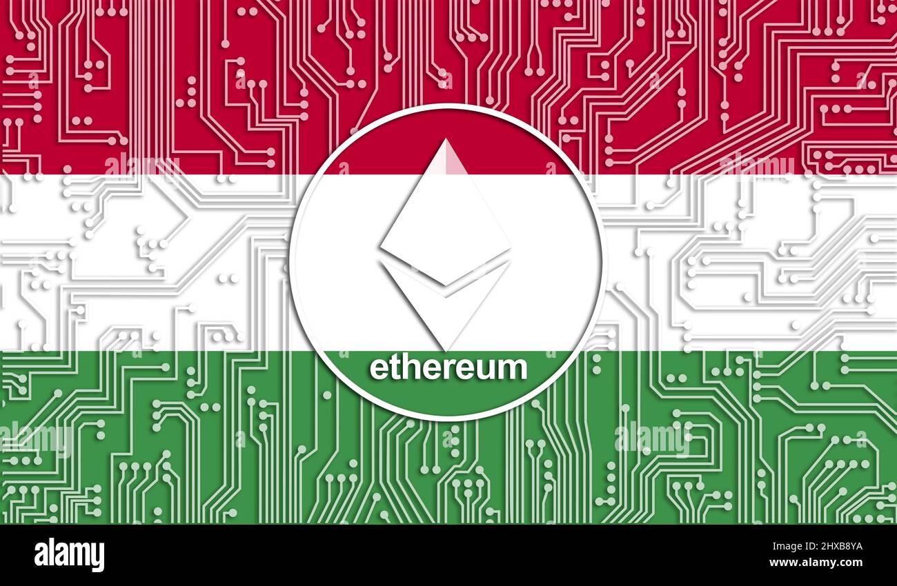 flag of Hungary and ethereum coin, Integrated Circuit Board pattern ...