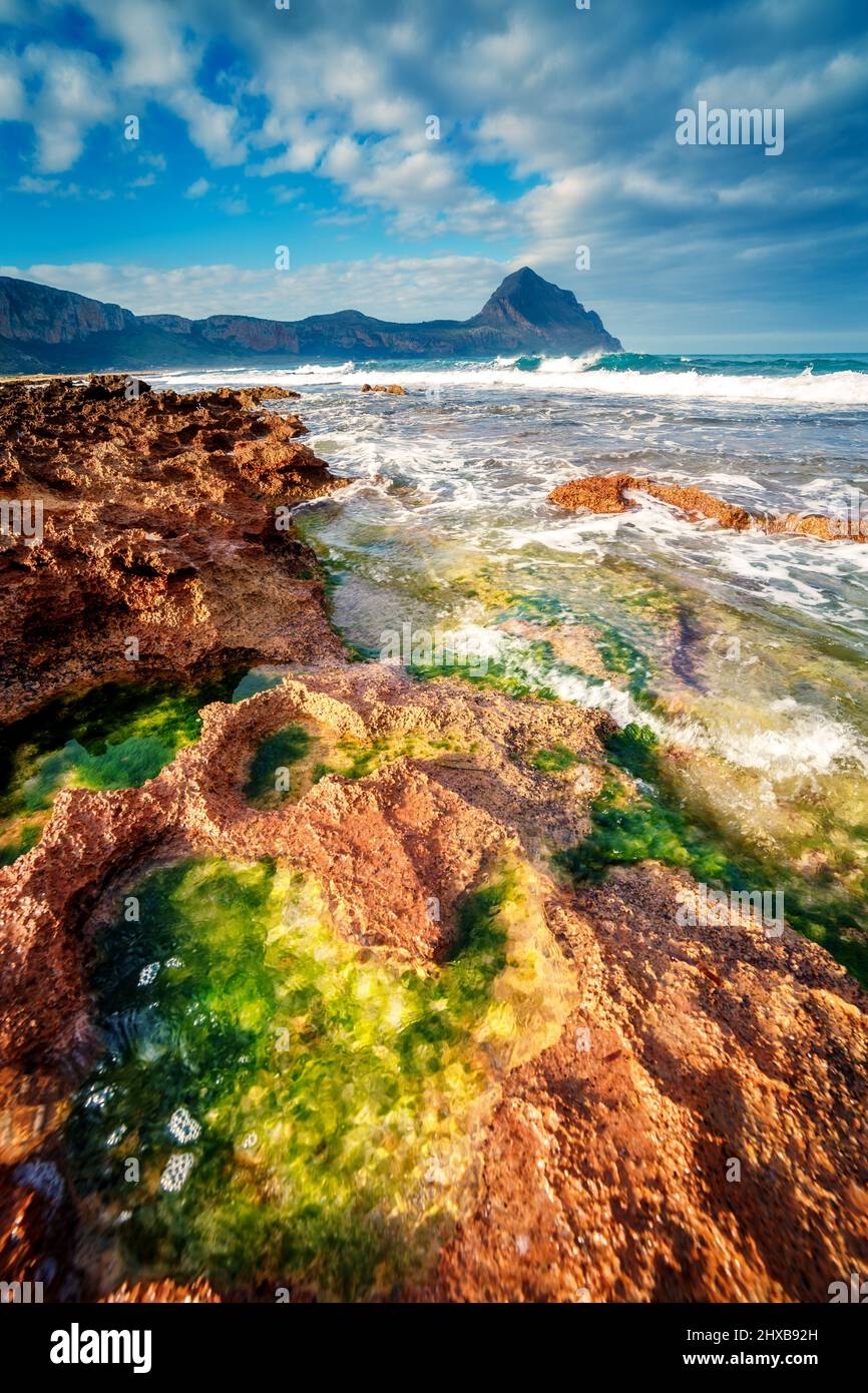 Fantastic view of the nature reserve Monte Cofano. Dramatic morning ...