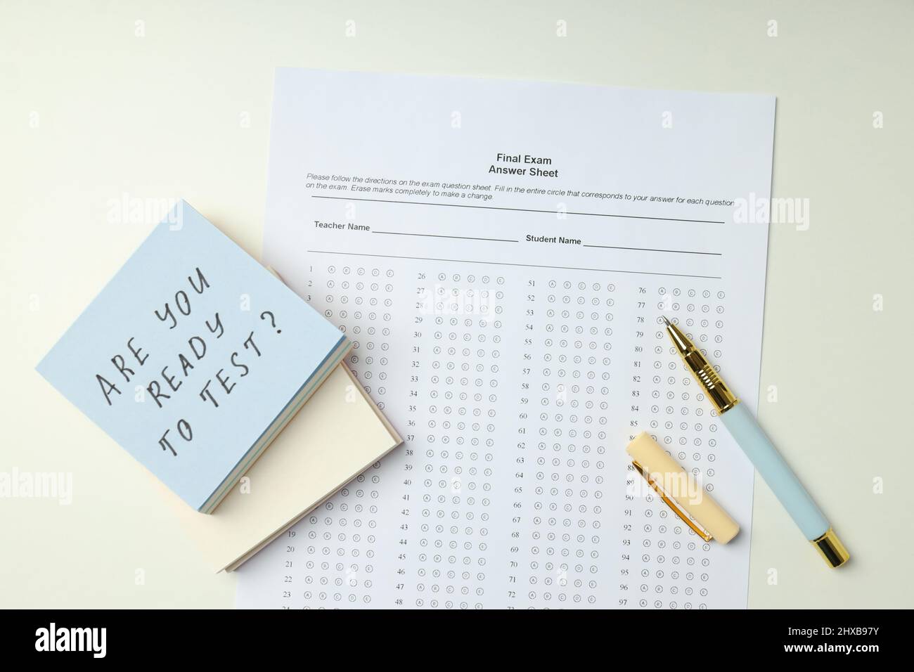 Concept of exams and tests, top view Stock Photo - Alamy