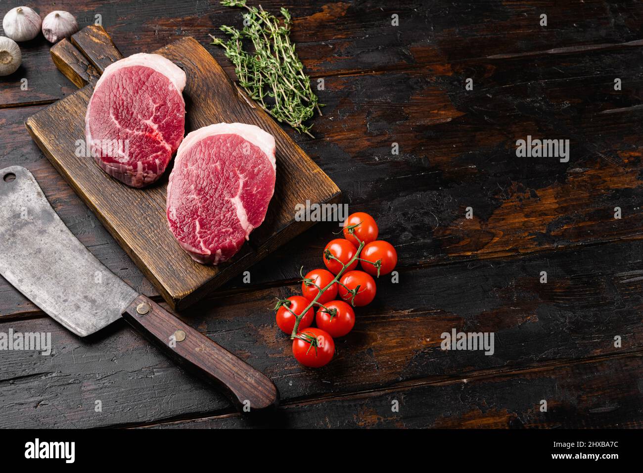 Raw beef meat cut set, on old dark wooden table background, with copy ...
