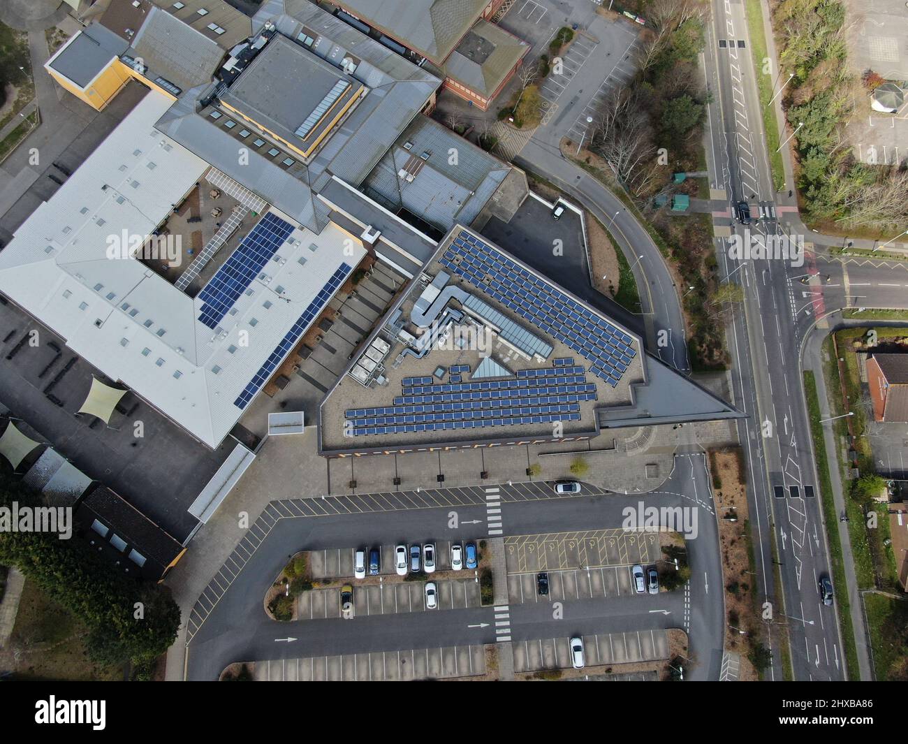 Aerial view looking directly down on a modern building and road Stock ...