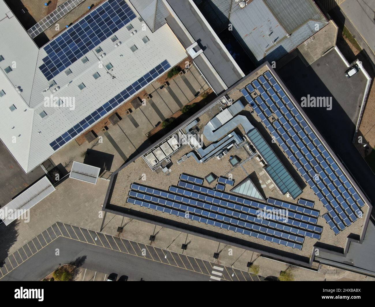 Aerial view looking directly down on a modern building and road Stock ...