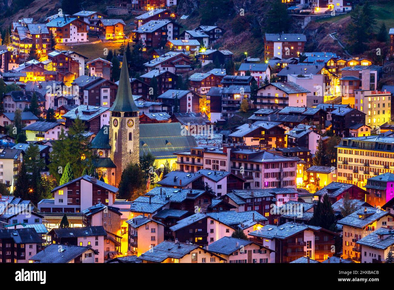 Zermatt, Switzerland aerial town view by night. Swiss Alps Stock Photo ...