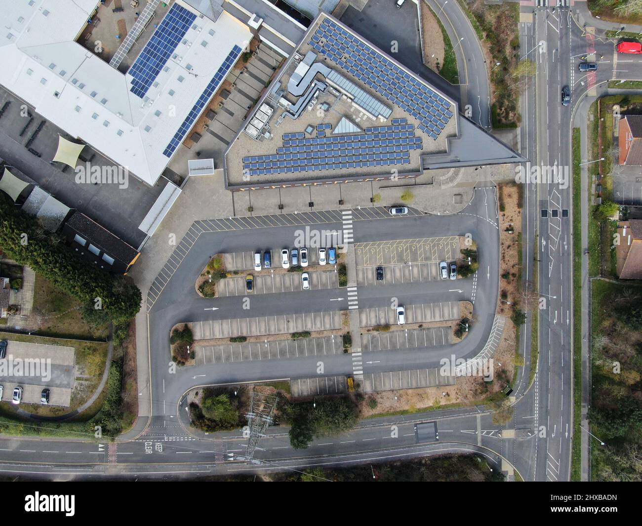 Aerial view looking directly down on a modern building and road Stock ...