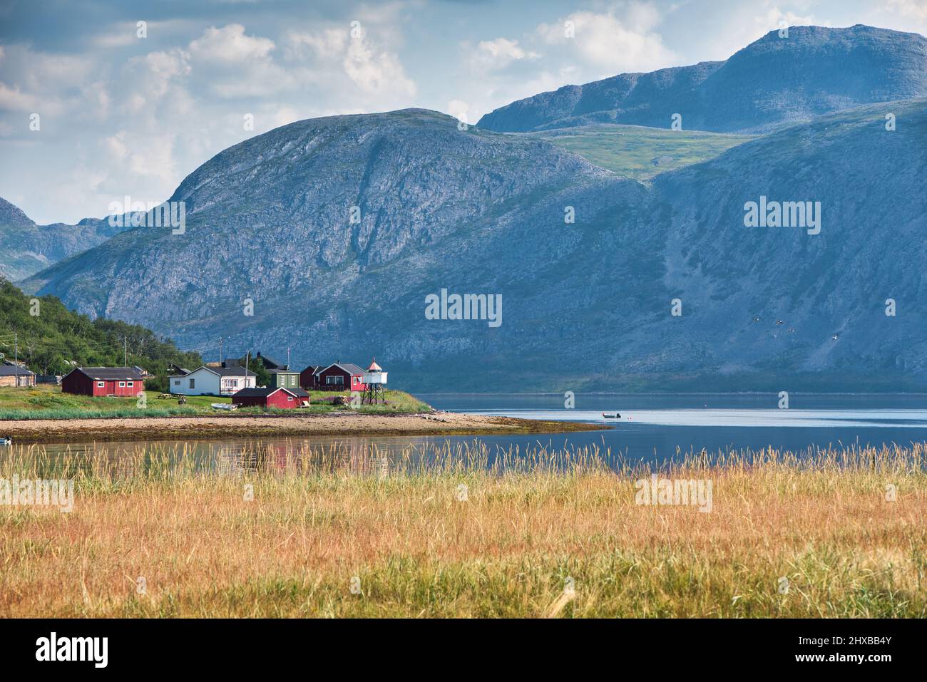 Colorful cottages in fjord landscape, Tanamunningen nature reserve in ...