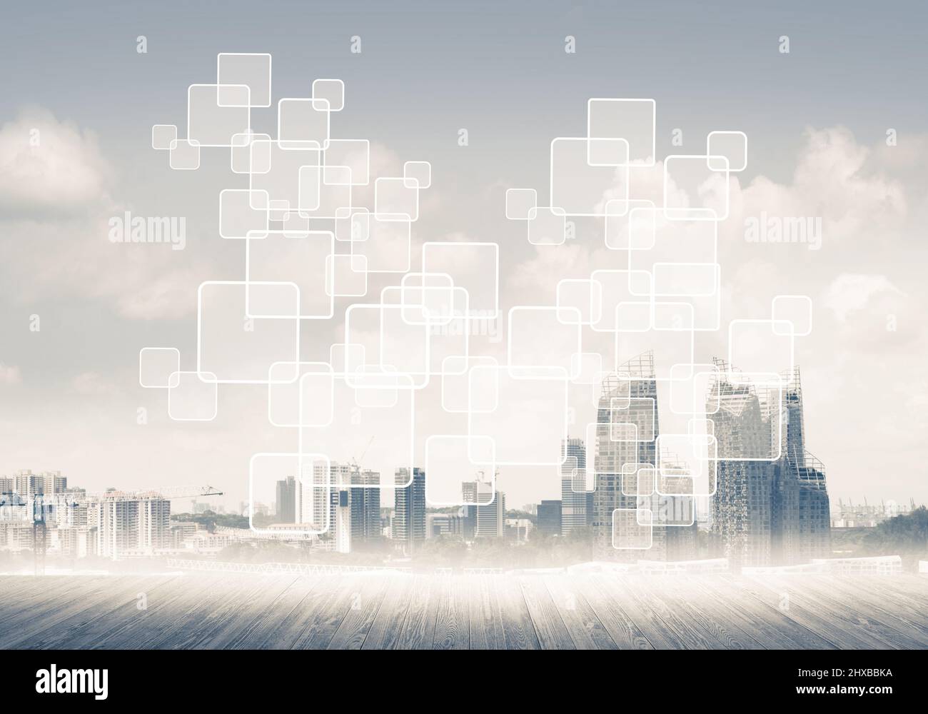 Natural background with modern cityscape wooden floor and media ...