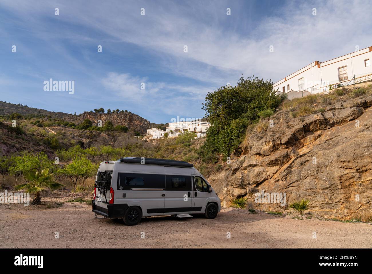 Enix, Spain - 2 March, 2022: gray camper van parked in the Andalusian ...