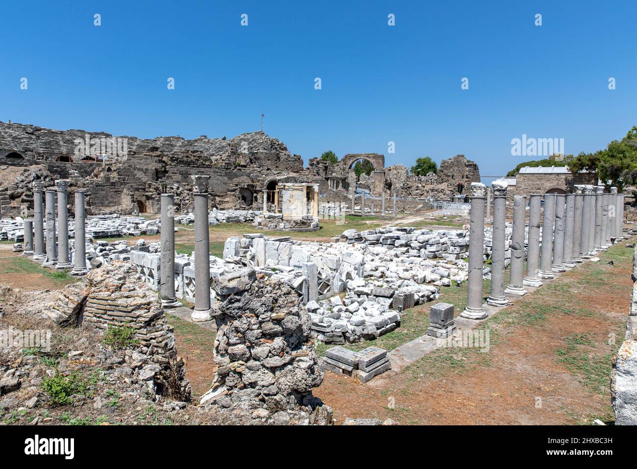Theater of the ancient city of Side in Turkey in Antalya Stock Photo ...