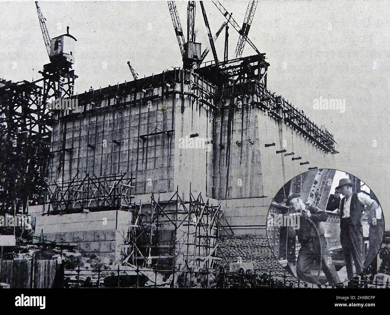 Sydney harbour bridge Australia under construction with inset of ...