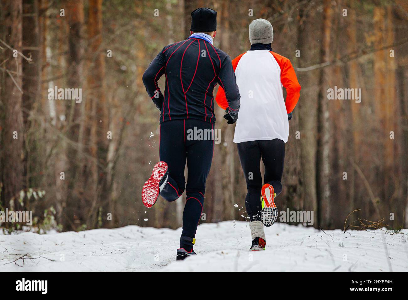 two male runners running winter trail in forest Stock Photo - Alamy