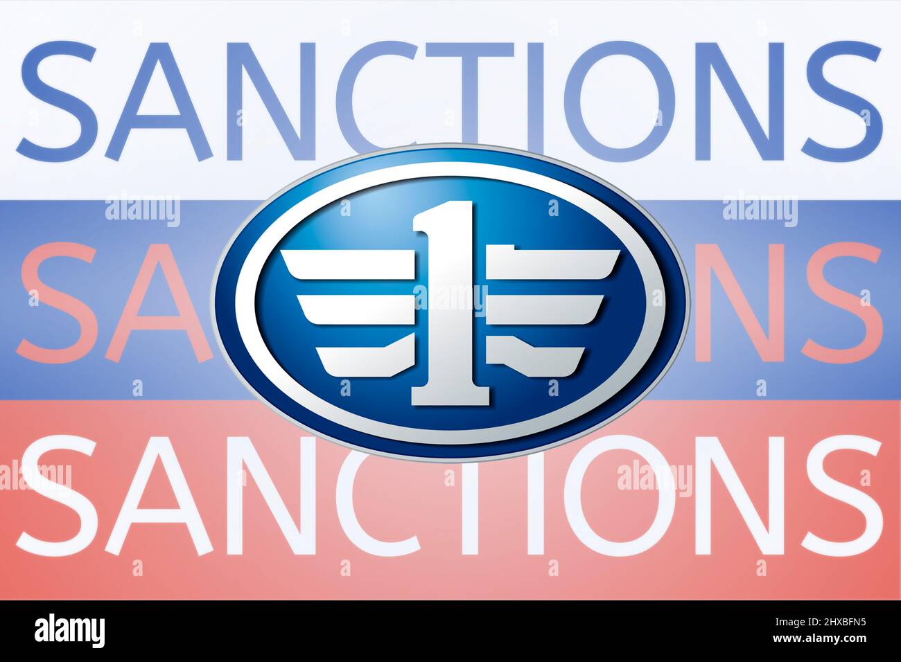 FAW Group logo in front of the Russian flag. Sanctions against Russia ...