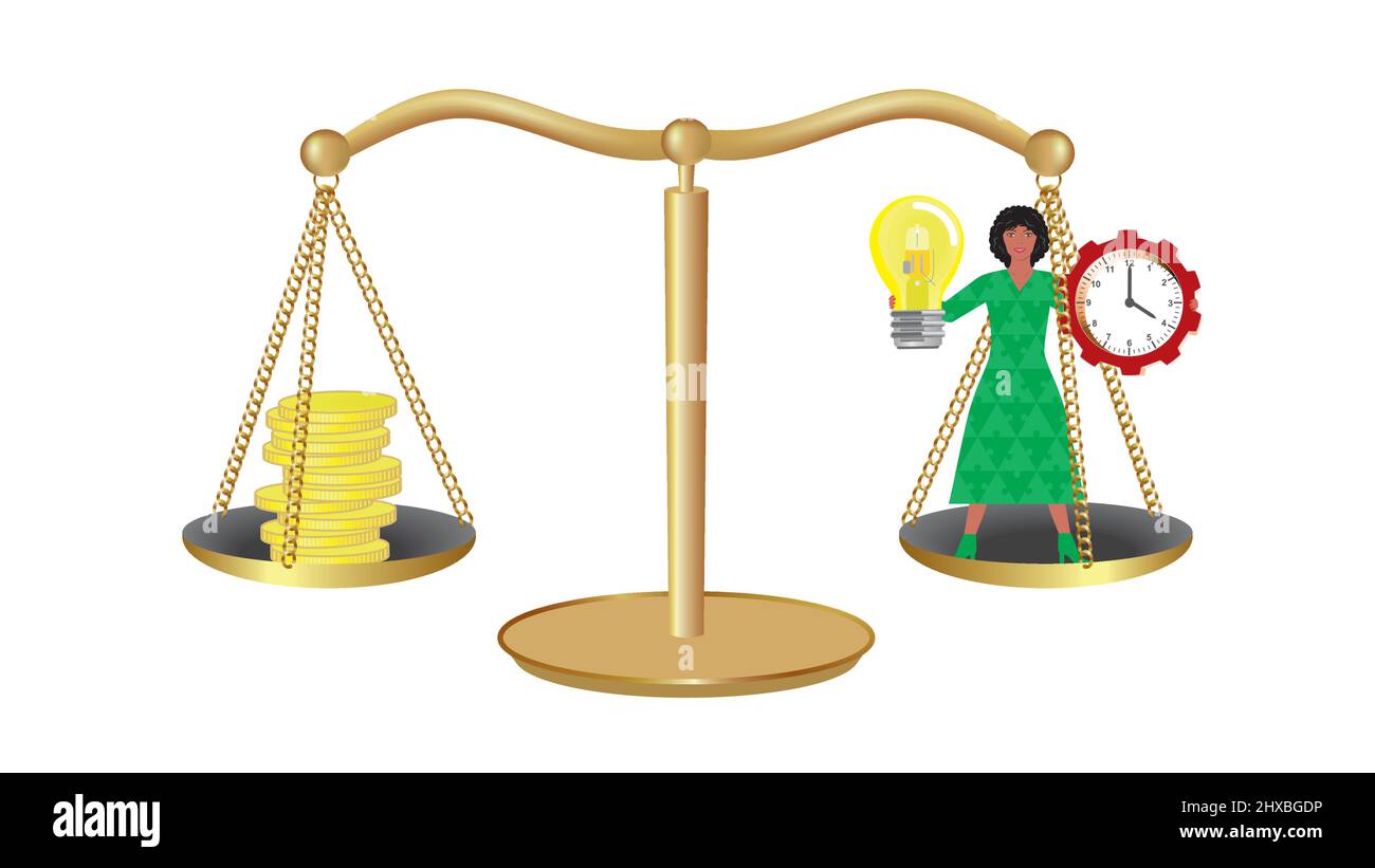 Weight scale with money on one side and money on the other. Vector ...