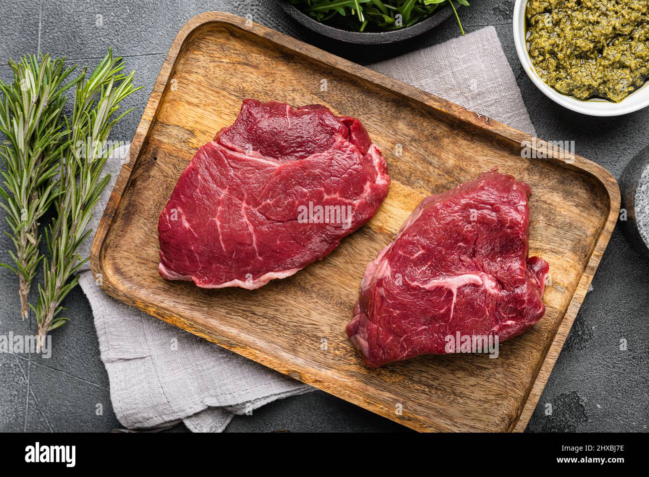 Fresh raw Beef meat Rump Steak set, on gray stone table background, top ...