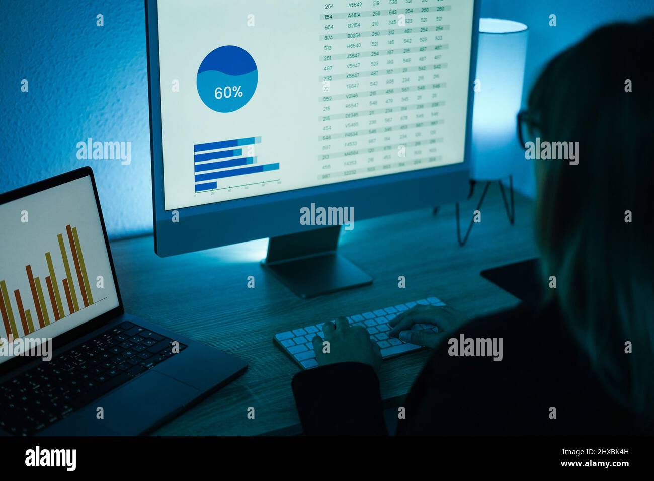 Young woman analyzing data charts for marketing financial reports ...