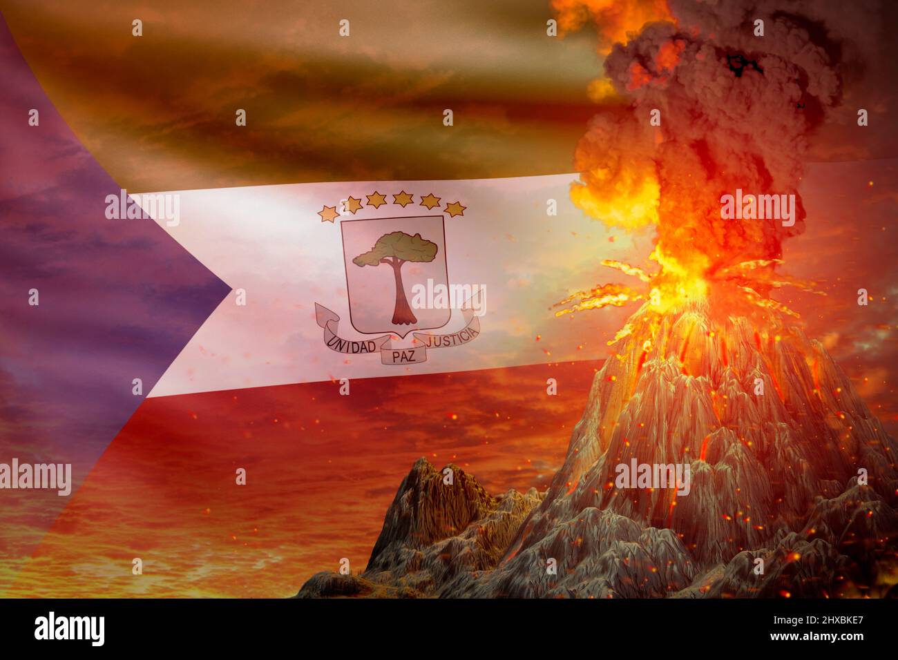 high volcano eruption at night with explosion on Equatorial Guinea flag ...