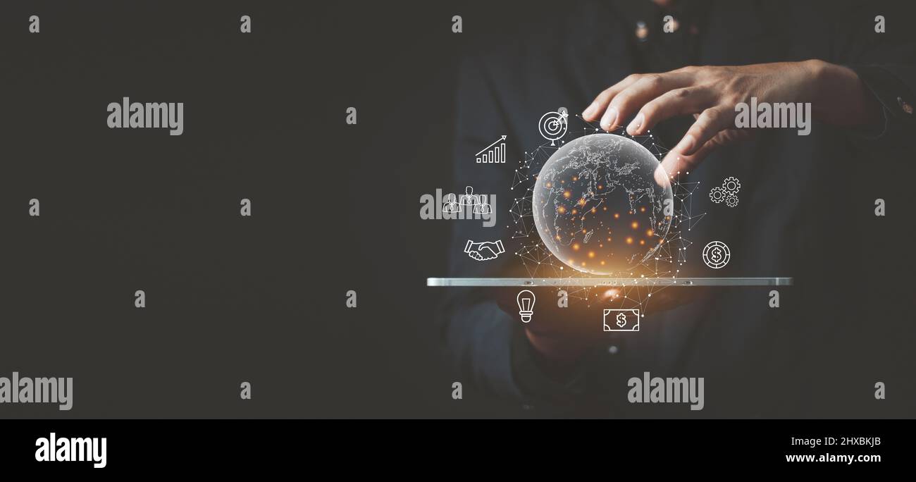 Businessman holding global internet connection technology business and ...