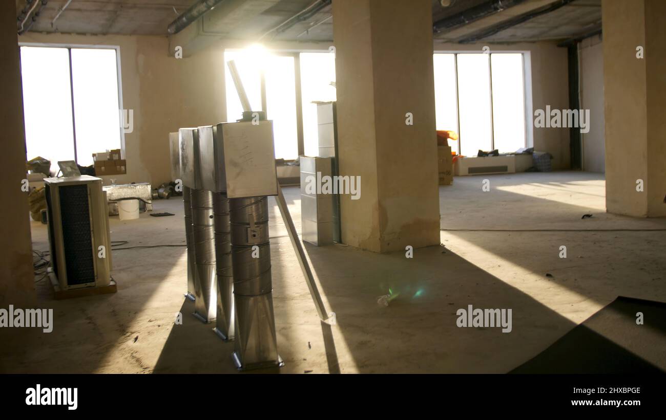 Abandoned empty room in an old factory. Interior of the new room ...
