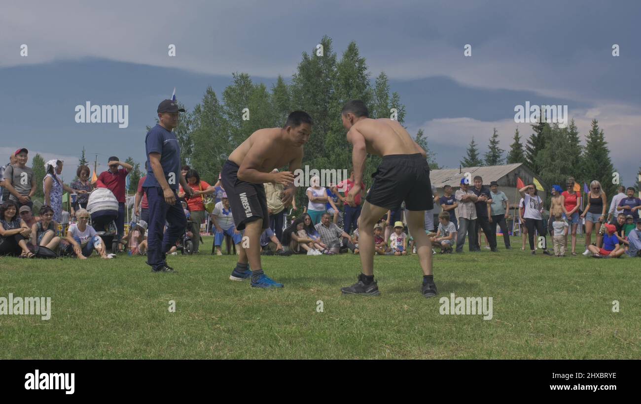Odinsk, Russia - June 29 2019: Buryat national sport wrestling. Holiday ...