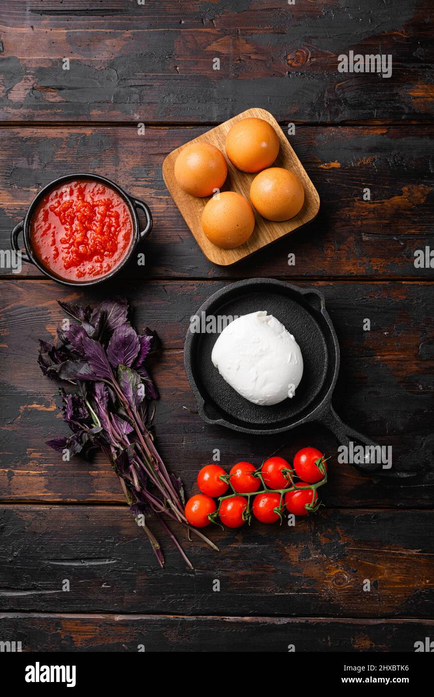Mozzarella Italian cheese, on old dark wooden table background, top ...