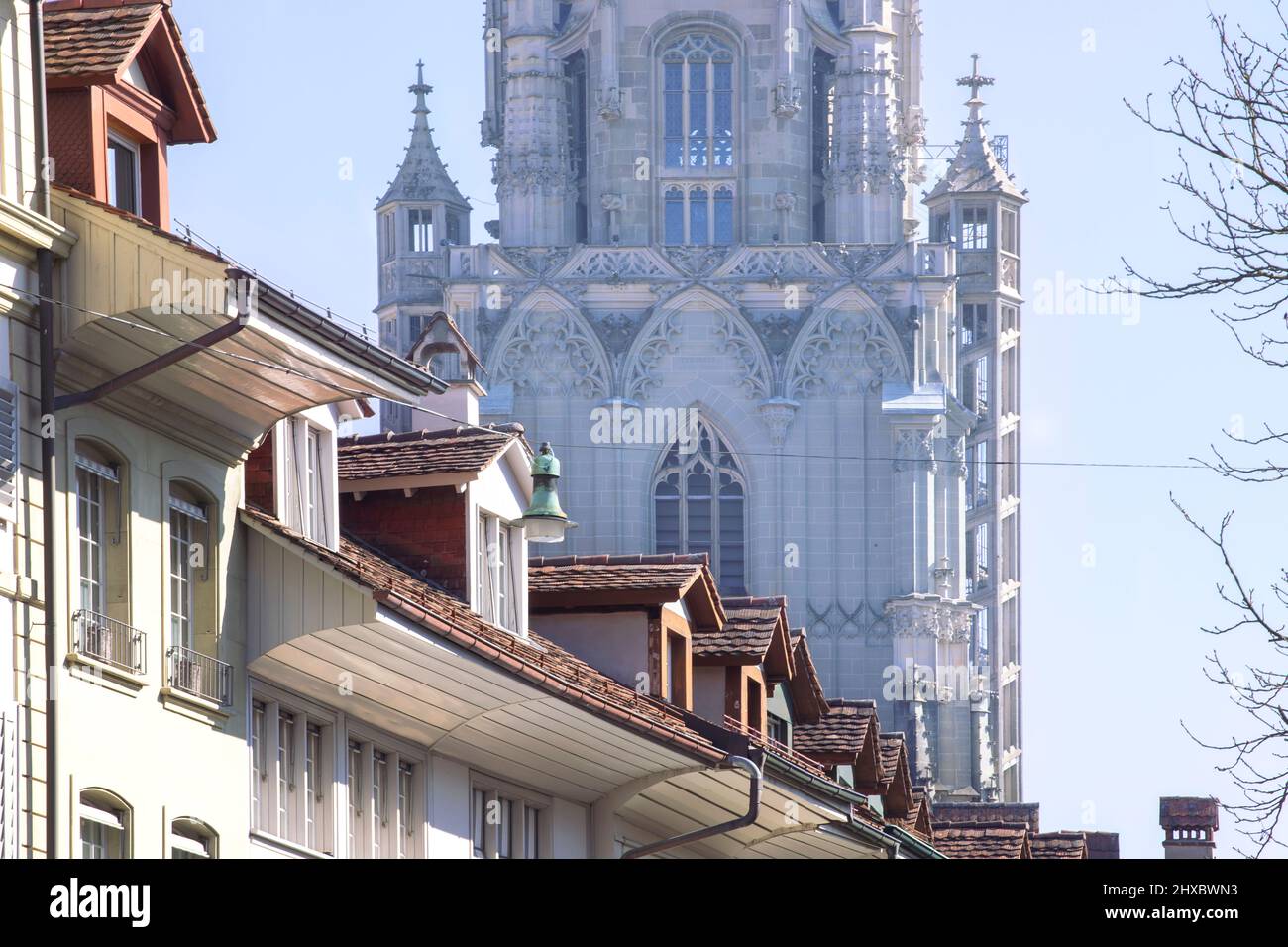 Bern cityscape with tower of Bern Minster, reformed church in old city ...