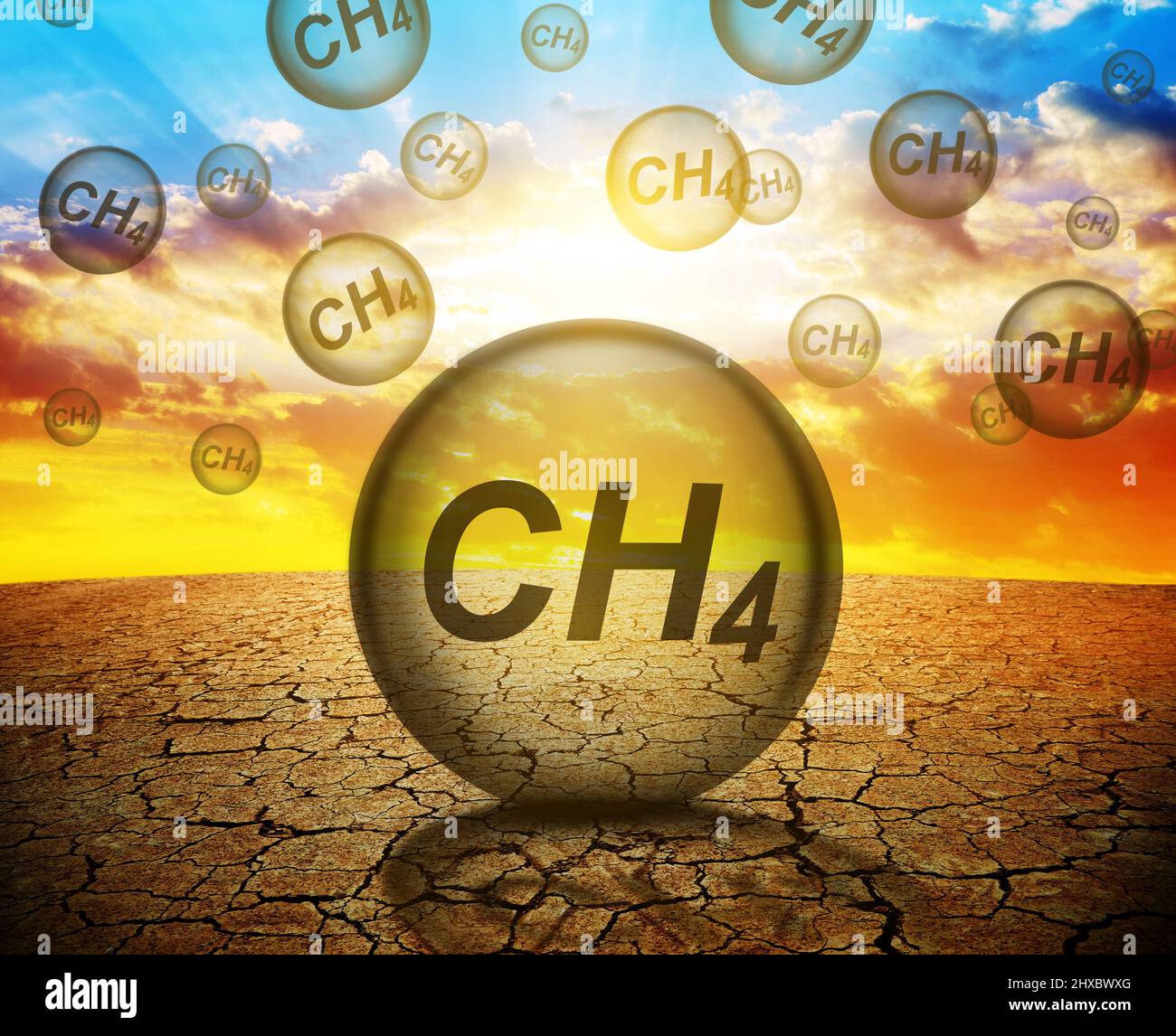 Parched landscape and bubbles with CH4 text at sunset. Global warming ...